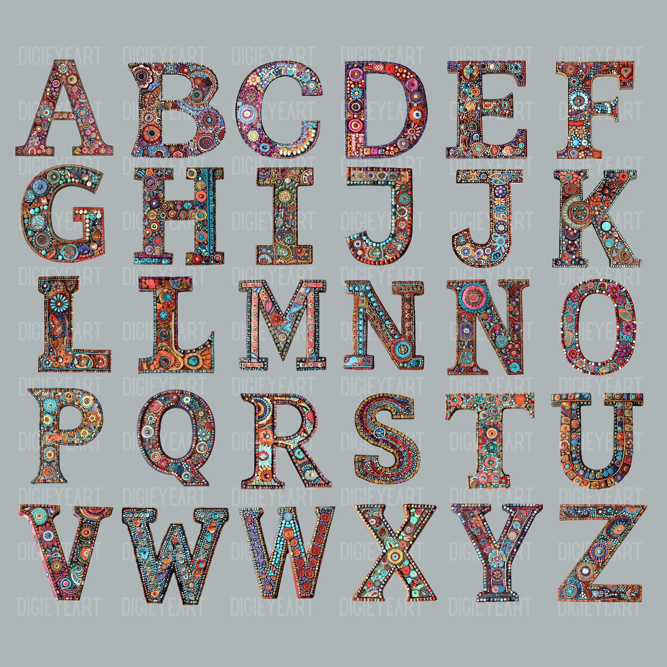 Boho Alphabet Clipart, Letters CU Clip Art, Bohemian Initials PNG ...