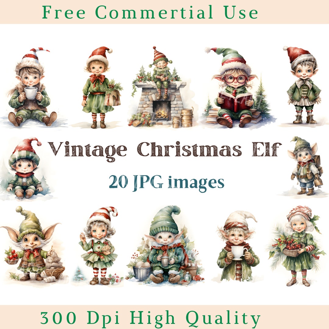 Vintage Christmas Elf Clipart, Watercolor Elf Clip Art, Vintage Elves ...