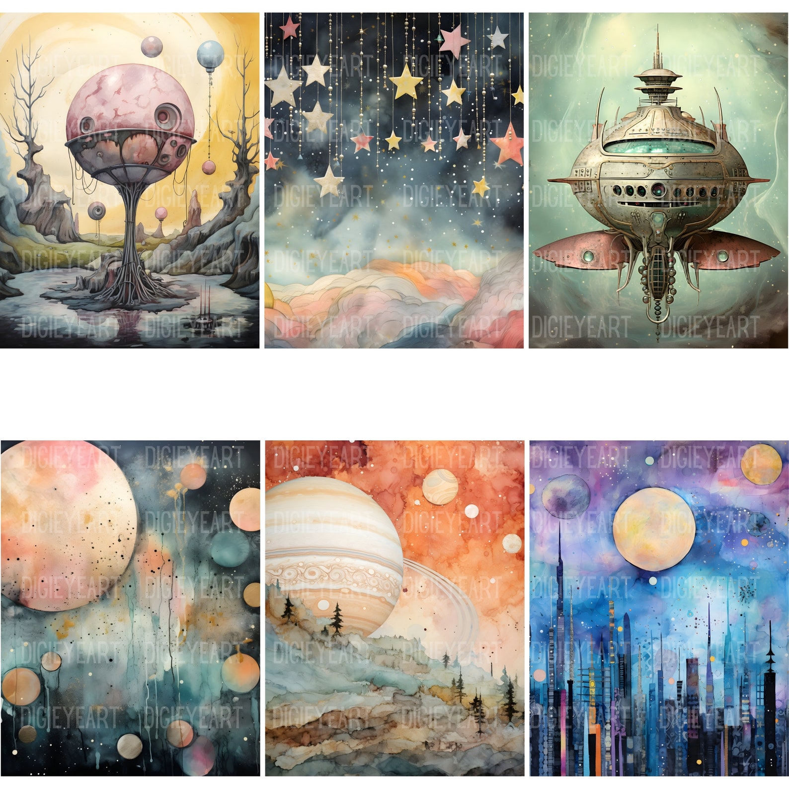 Whimsical Aliens Clipart, Mixed Media Quirky Alien CU Clip Art, Alien ...