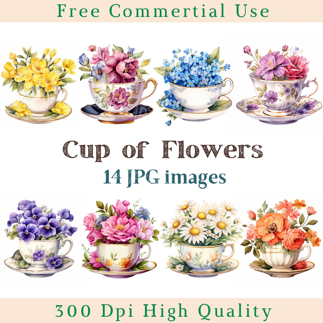 Watercolor Cup of Flowers Clipart, Cup Clip Art, Flowers Jpg, Tea Cup ...