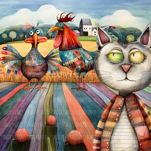 Whimsical Farm Animas Clipart, Mixed Media Quirky Animals CU Clip Art ...
