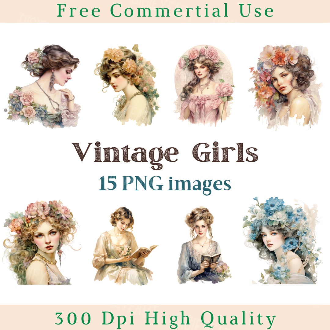 Watercolor Vintage Girls Clipart, Girls Clip Art, Ladies Png, Vintage ...
