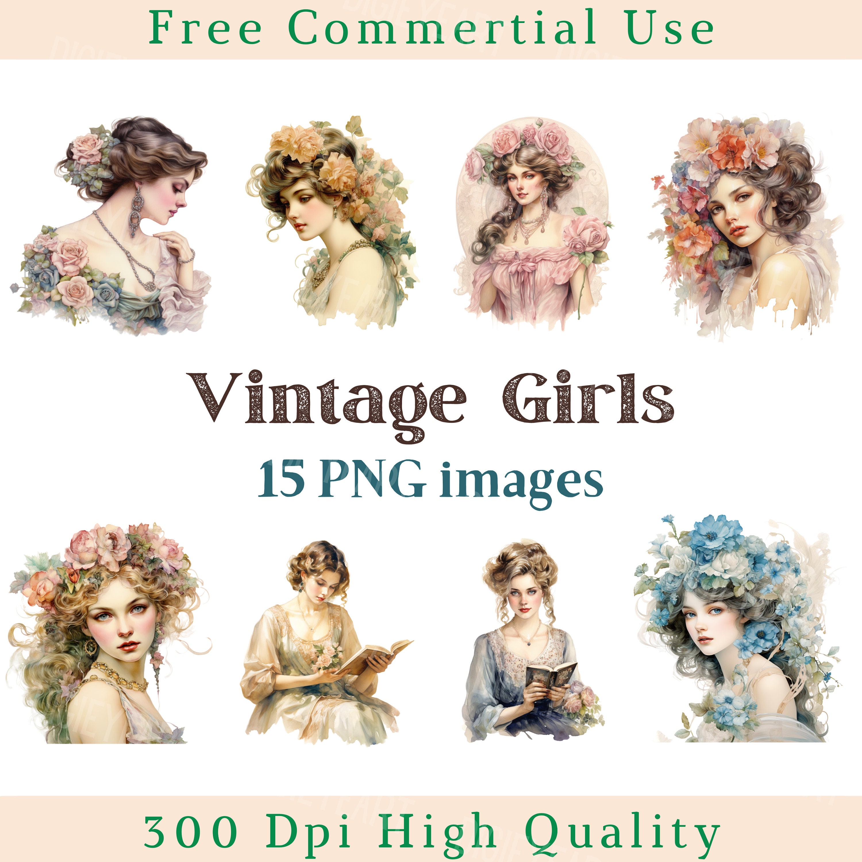 Watercolor Vintage Girls Clipart Girls Clip Art Ladies Png - Etsy