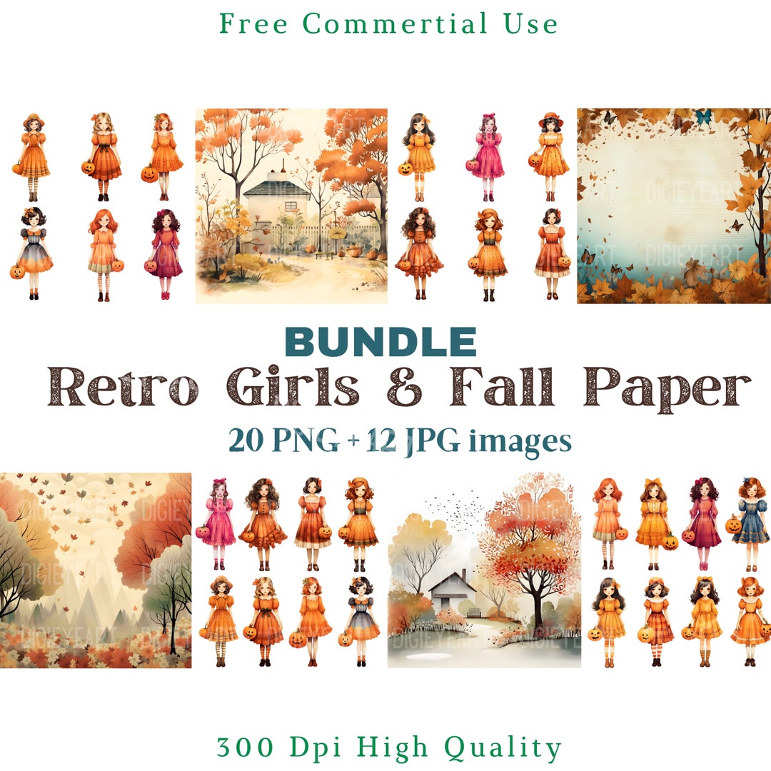 Fall Retro Girl Clipart, Retro Fall Sceens, Fall Paper Jpg, Bundle ...