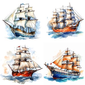Watercolor Ship Clipart, Old Times Ship Clip Art, Vessel Jpg, Retro ...