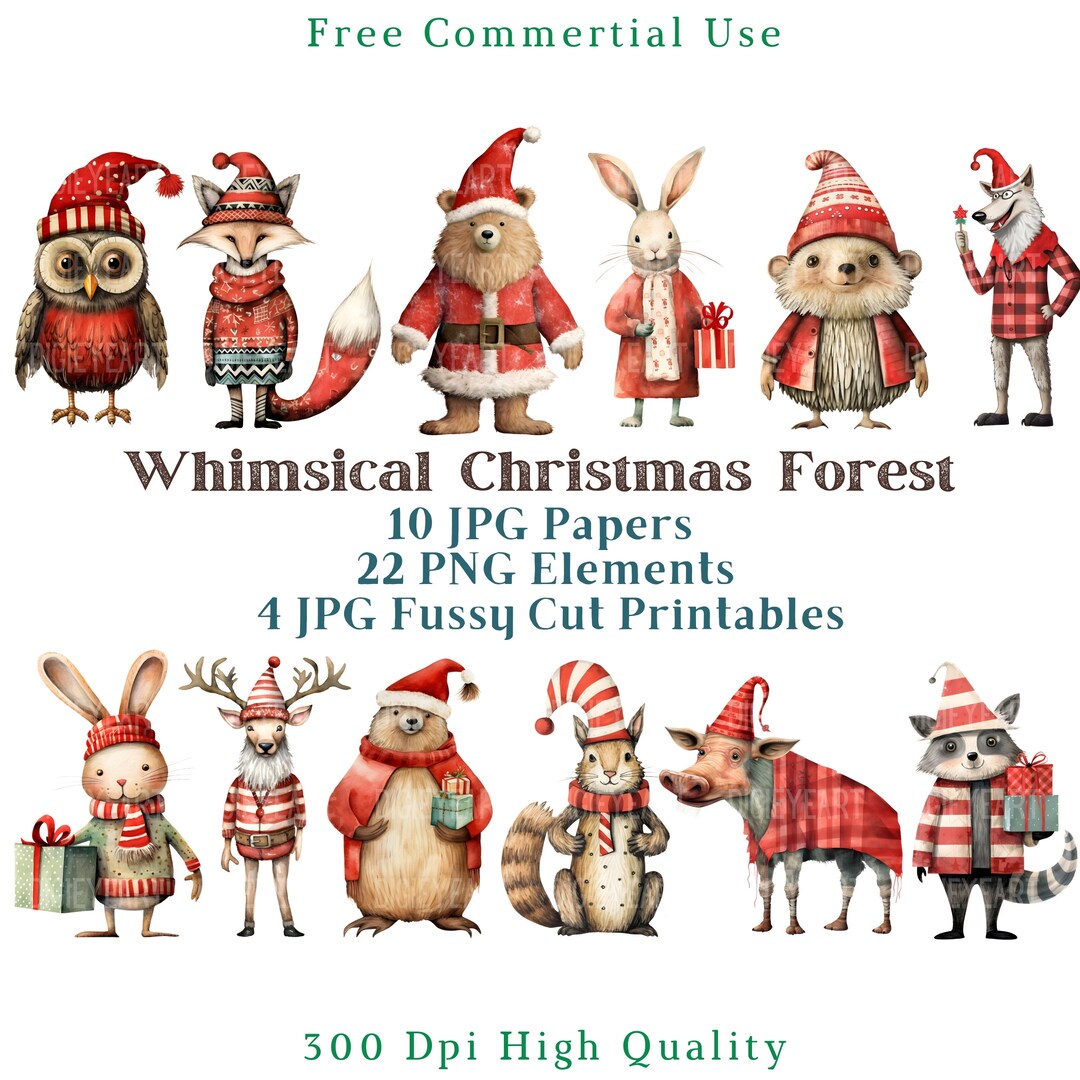 Whimsical Christmas Forest Animas Clipart, Mixed Media Quirky Animals ...