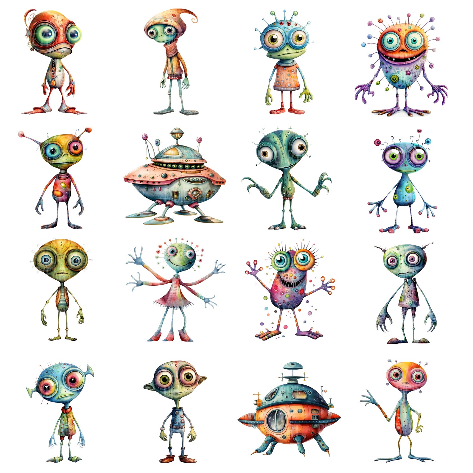 Whimsical Aliens Clipart, Mixed Media Quirky Alien CU Clip Art, Alien ...