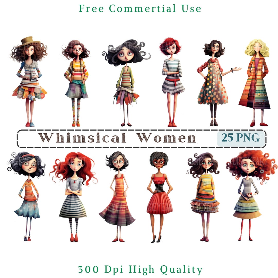 Whimsical Women Clipart, Mixed Media Quirky Woman CU Clip Art, Woman ...