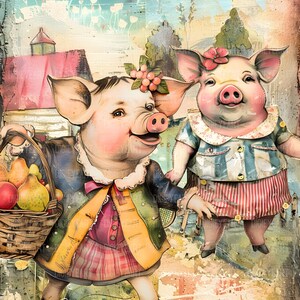 Whimsical Pigs Clipart, Quirky Pig Clip Art, Mixed Media Pig PNG, Junk ...