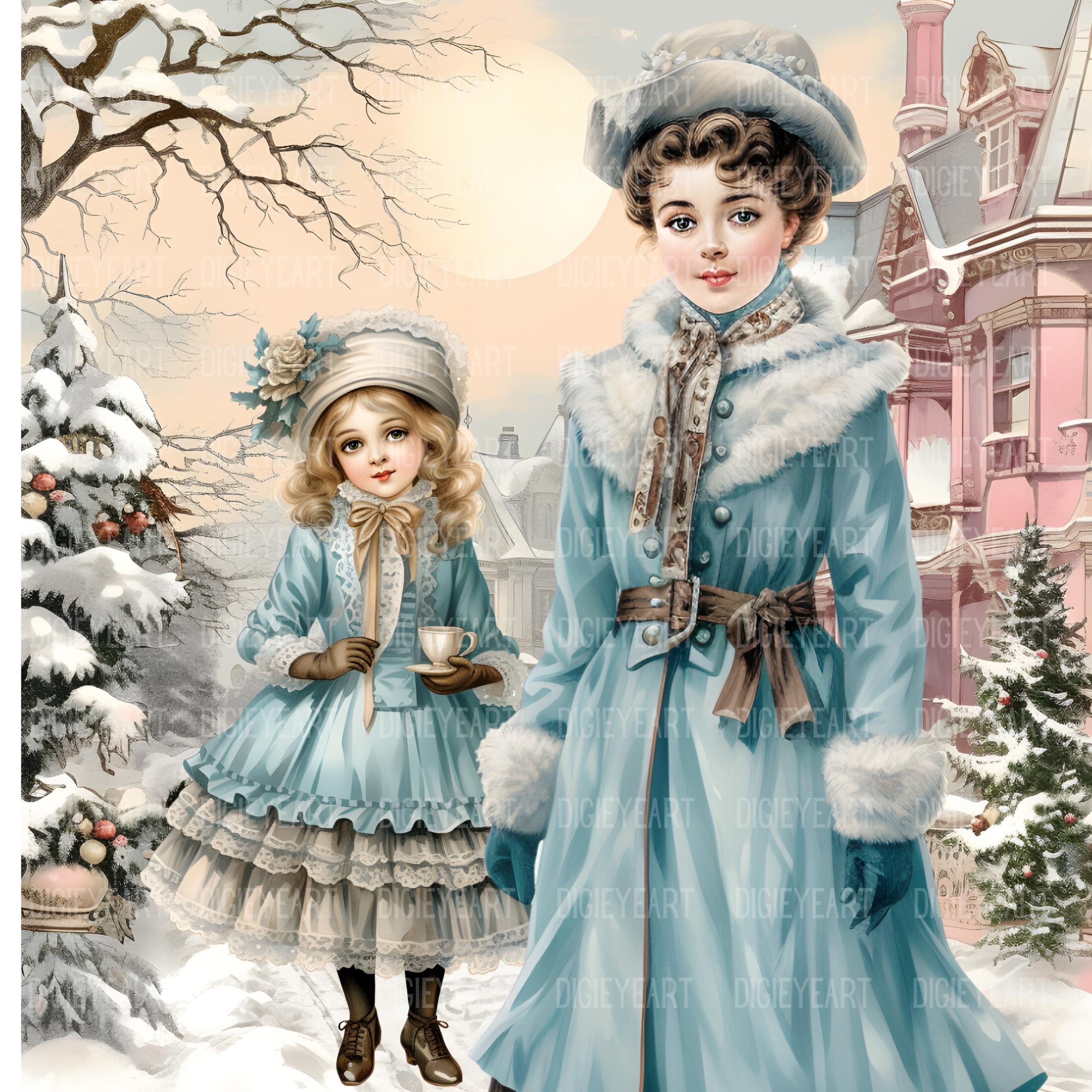 Vintage Christmas Girls Clipart, Winter Victorian Girls Clip Art, Retro ...