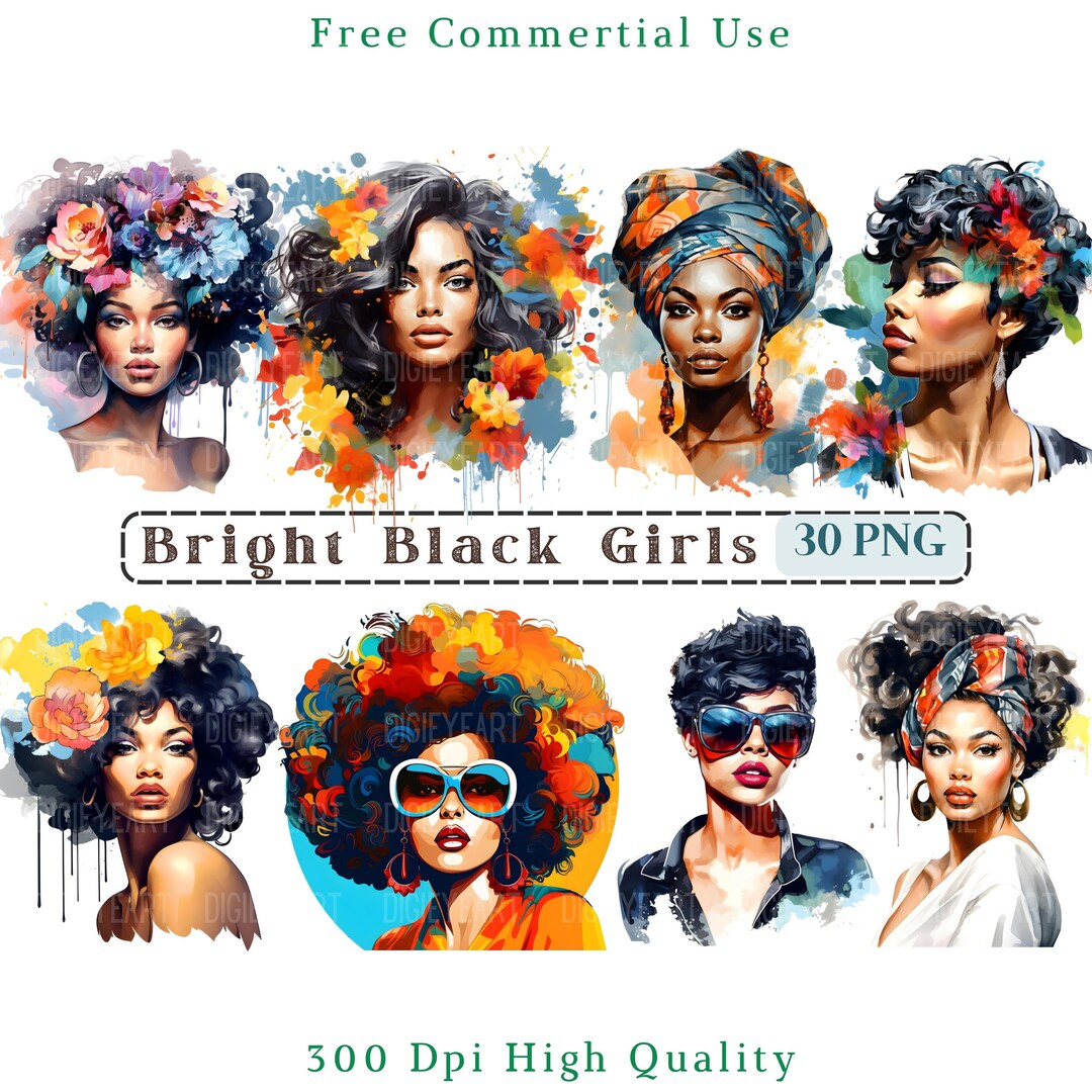 Bright Afro Girl Clipart, Floral Black Girl CU Clip Art, Composite ...