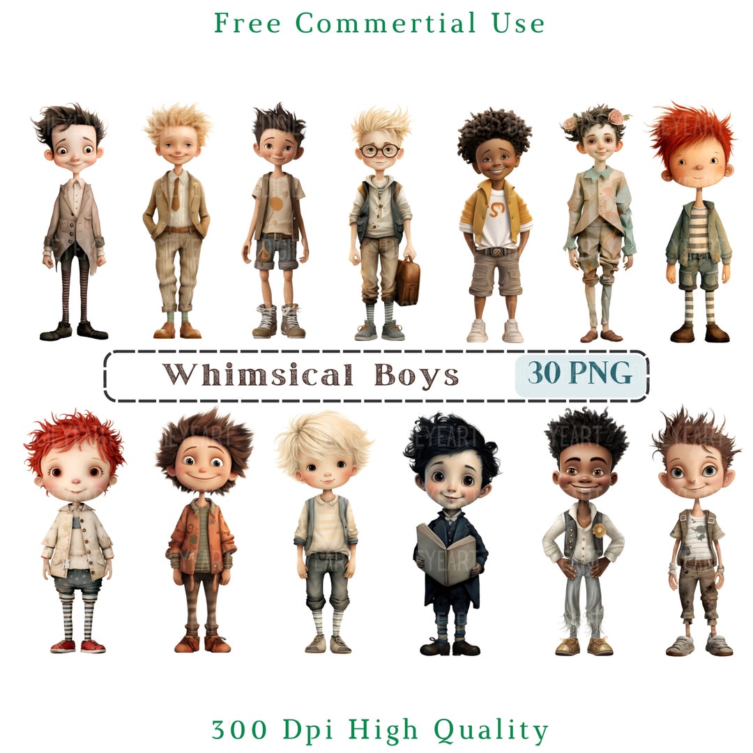 Whimsical Boys Clipart, Mixed Media Quirky Boy CU Clip Art, Cute Kids ...