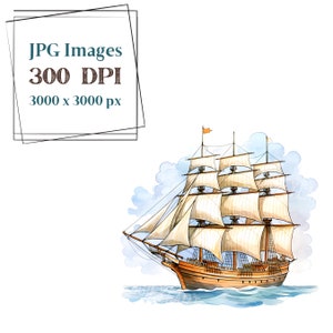 Watercolor Ship Clipart, Old Times Ship Clip Art, Vessel Jpg, Retro ...