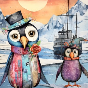 Whimsical Penguin Clipart, Quirky Penguin Bird Clip Art, Mixed Media ...