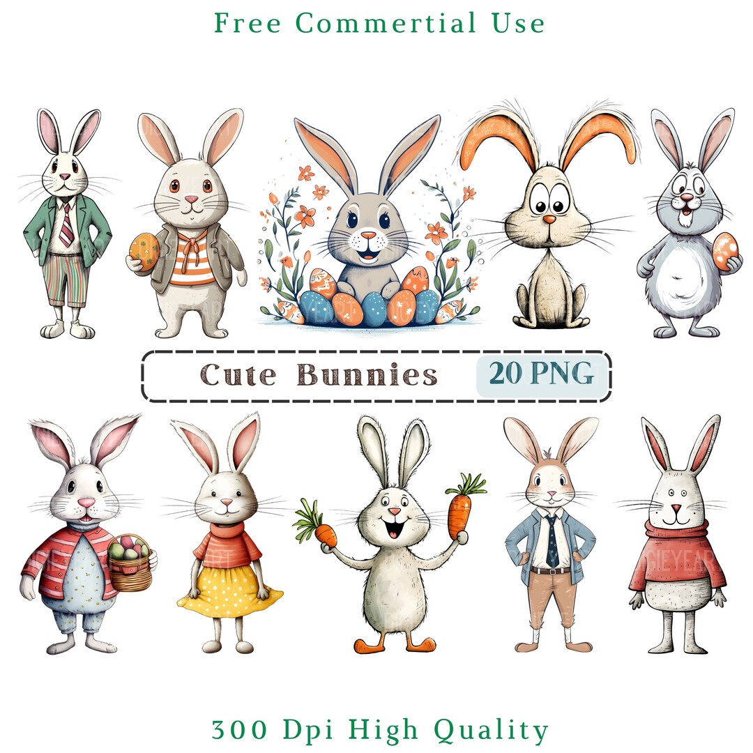 Cute Rabbit Clipart, Quirky Bunny CU Clip Art, Easter Hare PNG, Silly ...