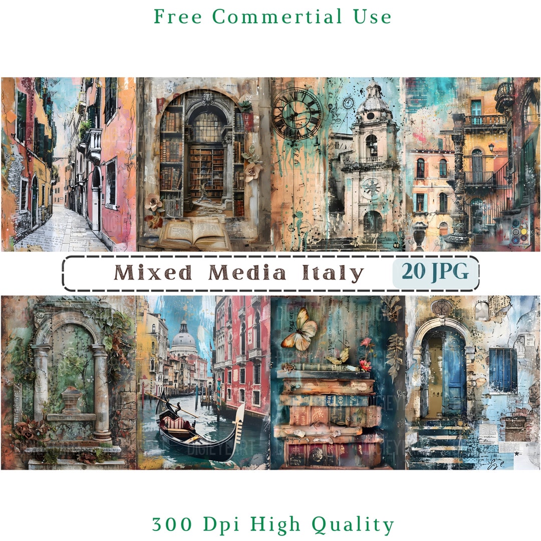 Mixed Media Grunge Italy Paper, Whimsical Italy Scenes, Whimsical ...