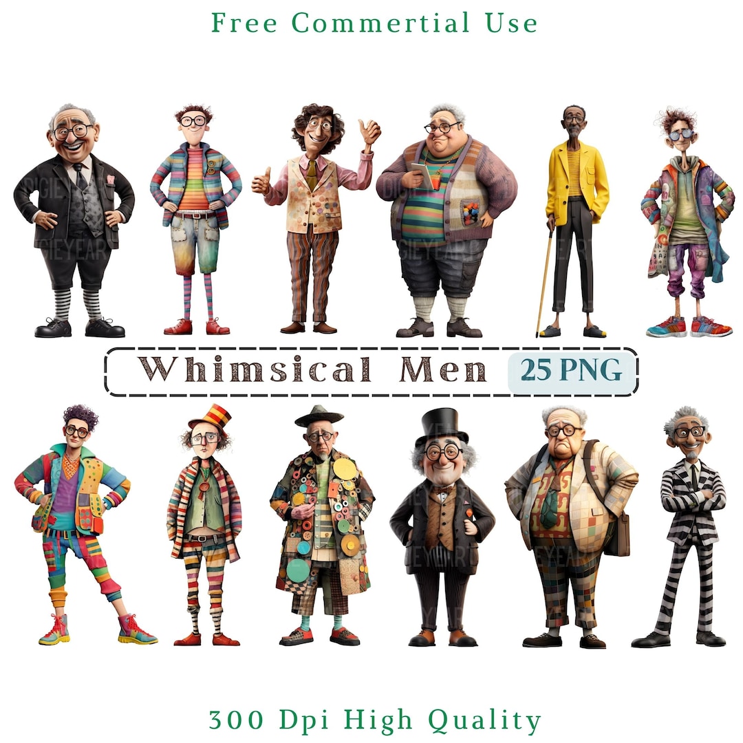 Whimsical Men Clipart, Mixed Media Quirky Man CU Clip Art, Old Man ...