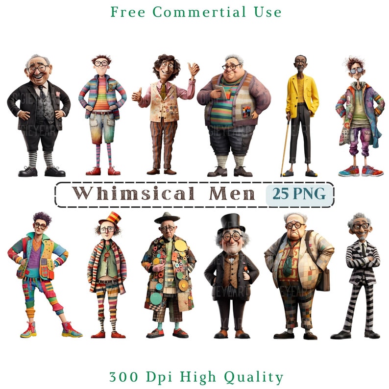 Whimsical Men Clipart, Mixed Media Quirky Man CU Clip Art, Old Man ...