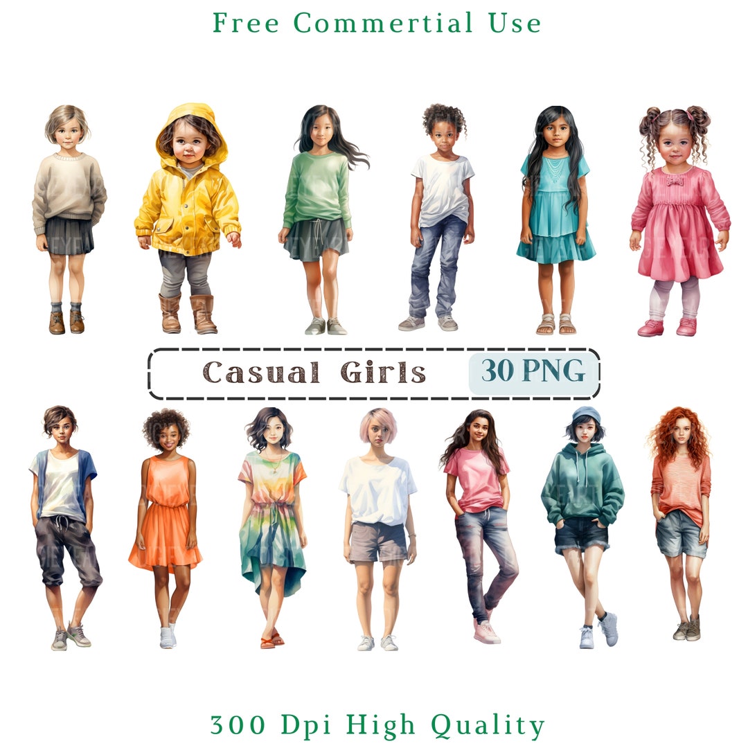 Casual Girls Clipart, Kids CU Clip Art, Children Image, Ethnic ...