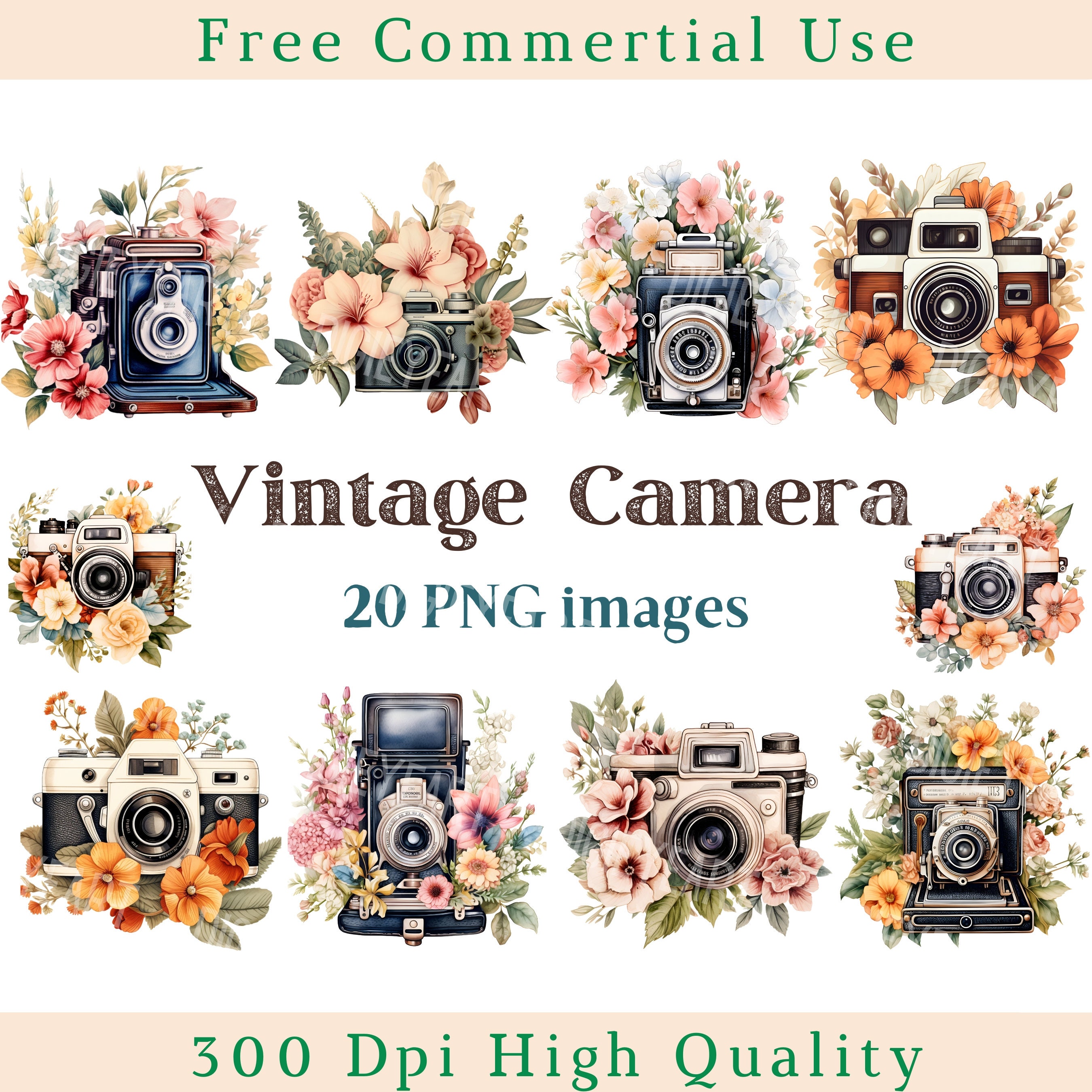 Vintage Photocamera Clipart Retro Camera Clip Art Floral - Etsy