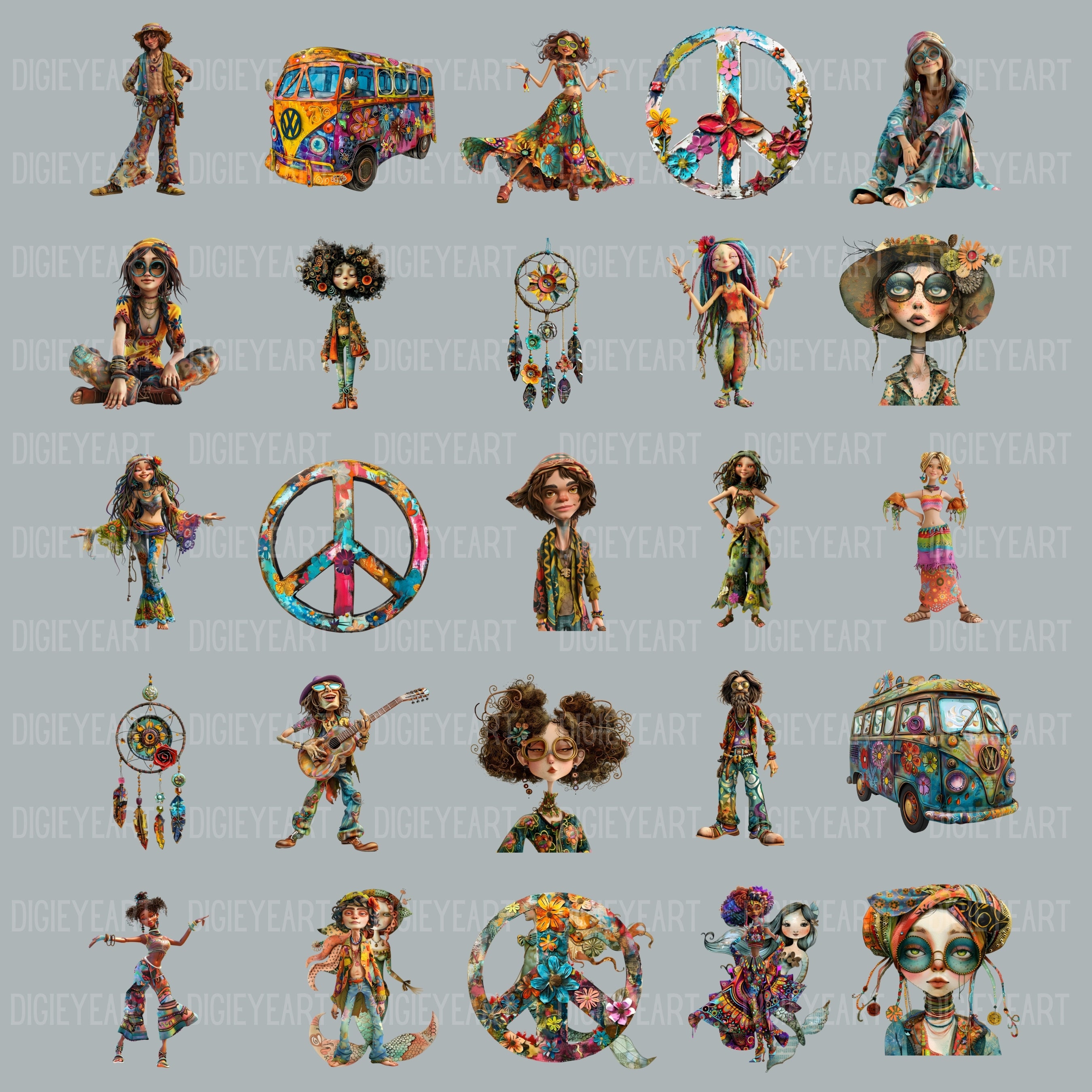 Whimsical Hippies Clipart, Mixed Media Quirky Hippie CU Clip Art, Man ...