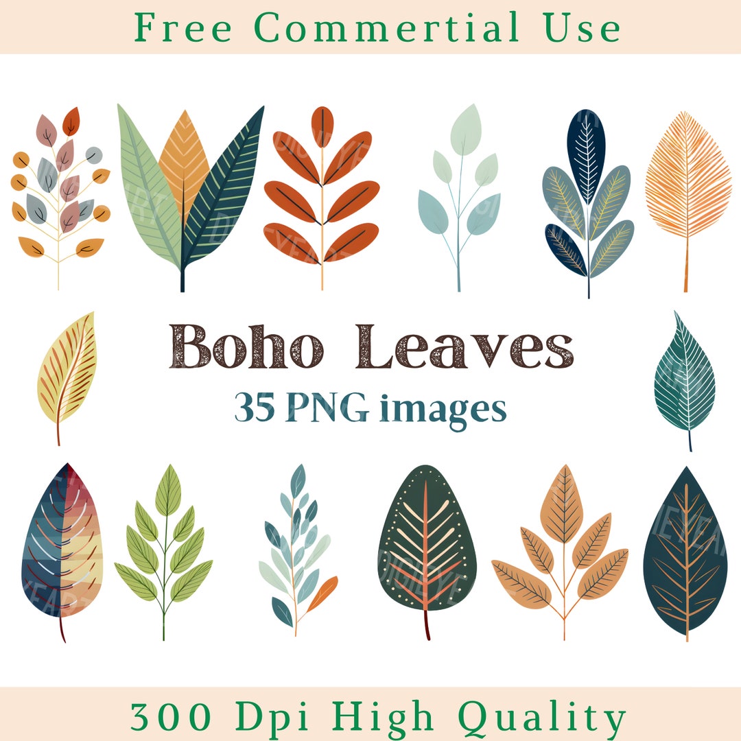Simple Boho Leaf Clipart, Bohemian Leaves Clip Art Png, Leaf Images ...