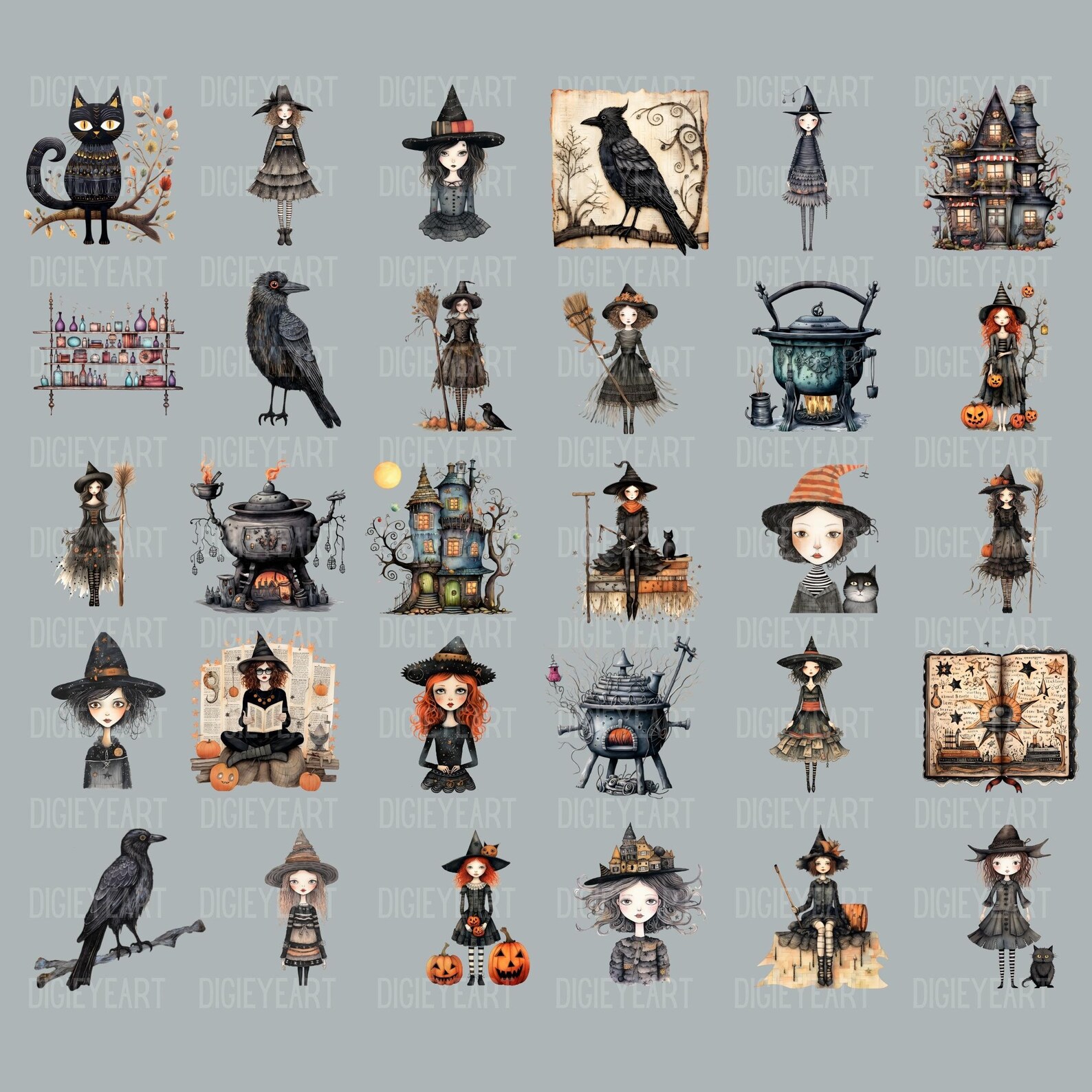 Whimsical Witch Clipart, Halloween CU Clip Art, Mixed Media Quirky ...