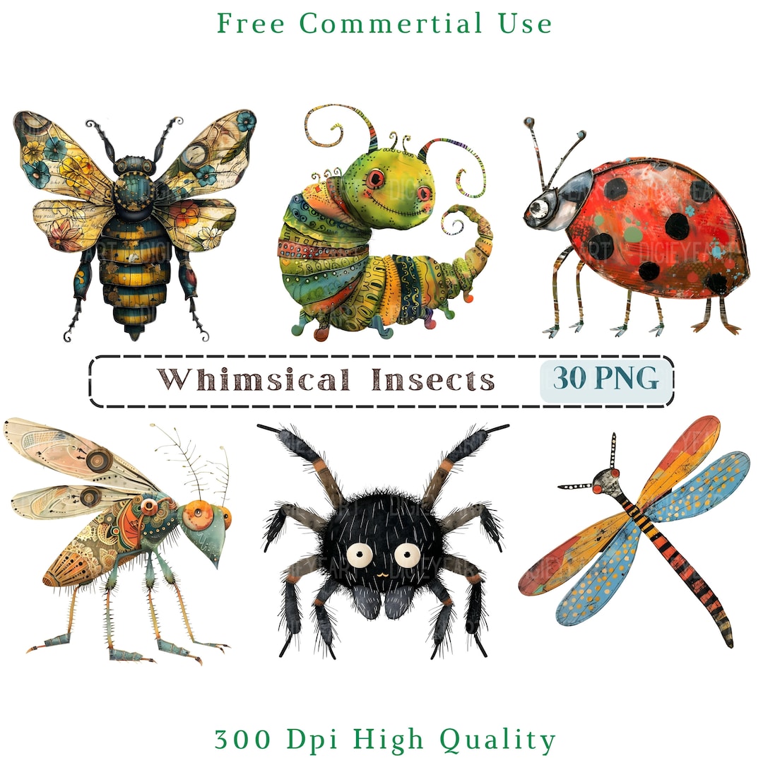 Whimsical Insect Clipart, Mixed Media Quirky Bee CU Clip Art, Ladybug ...
