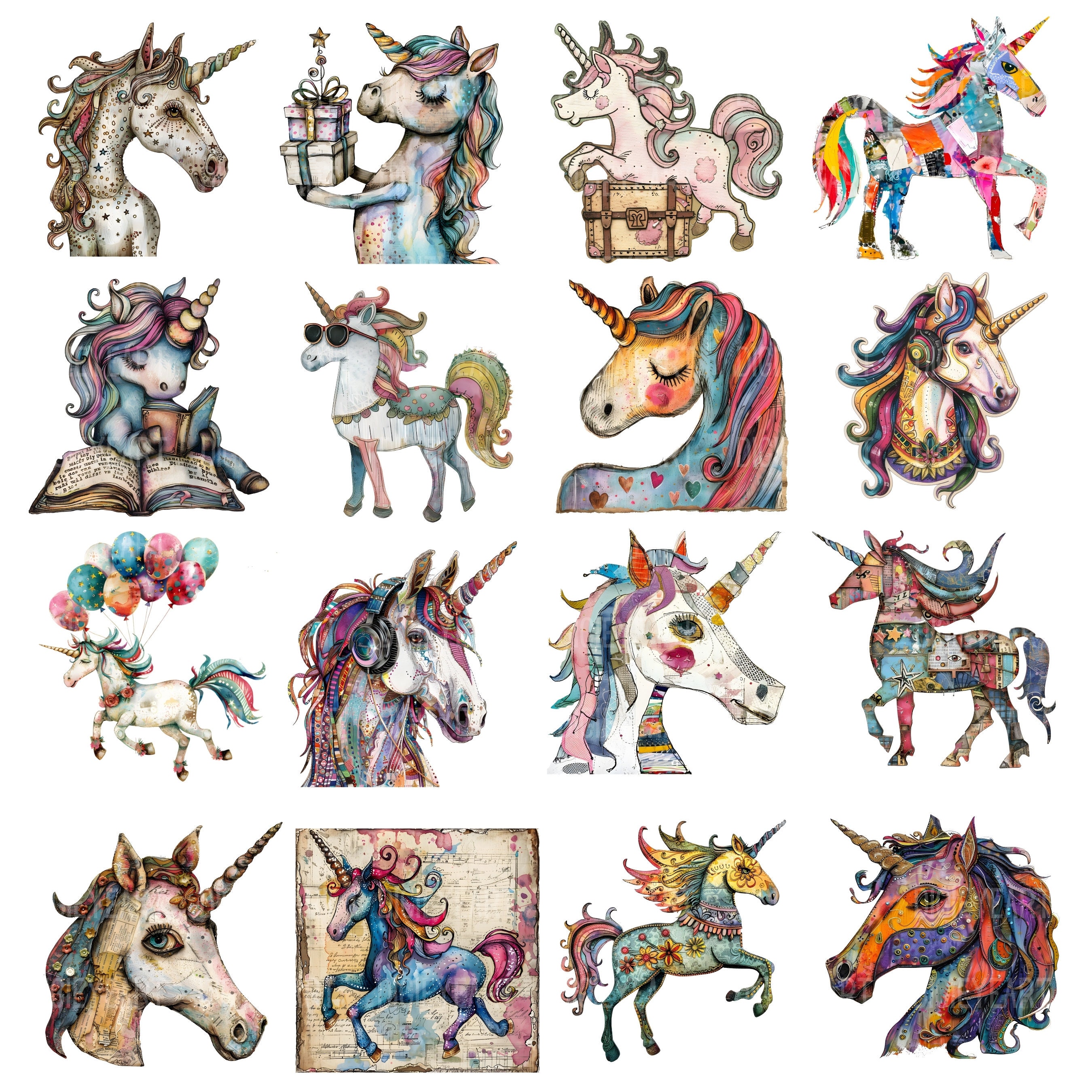 Whimisical Unicorn Clipart, Mixed Media Quirky Unicorn CU Clip Art ...