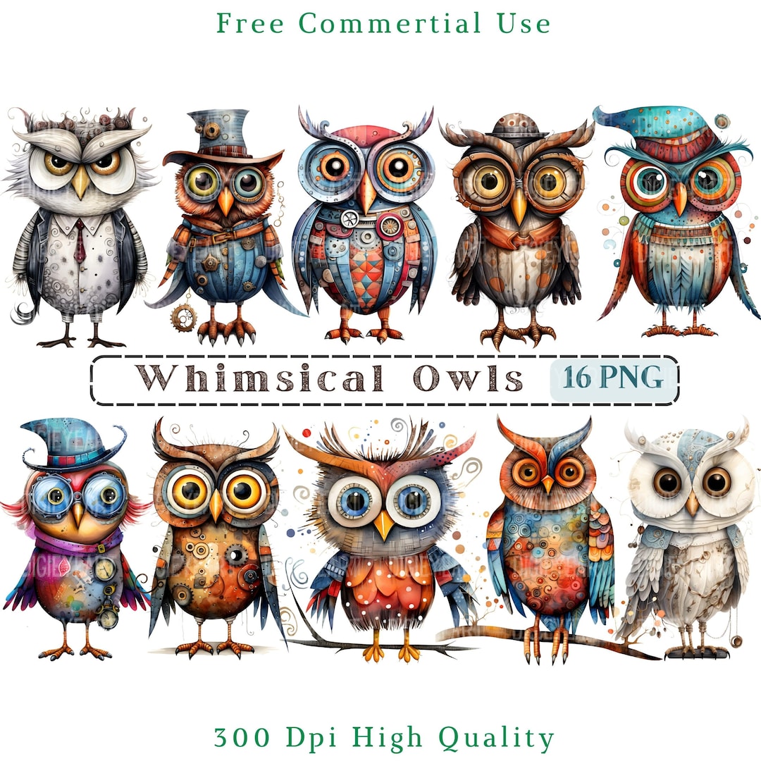 Whimsical Owl Clipart, Quirky Birds Clip Art, Owl Graphics PNG, Bird ...