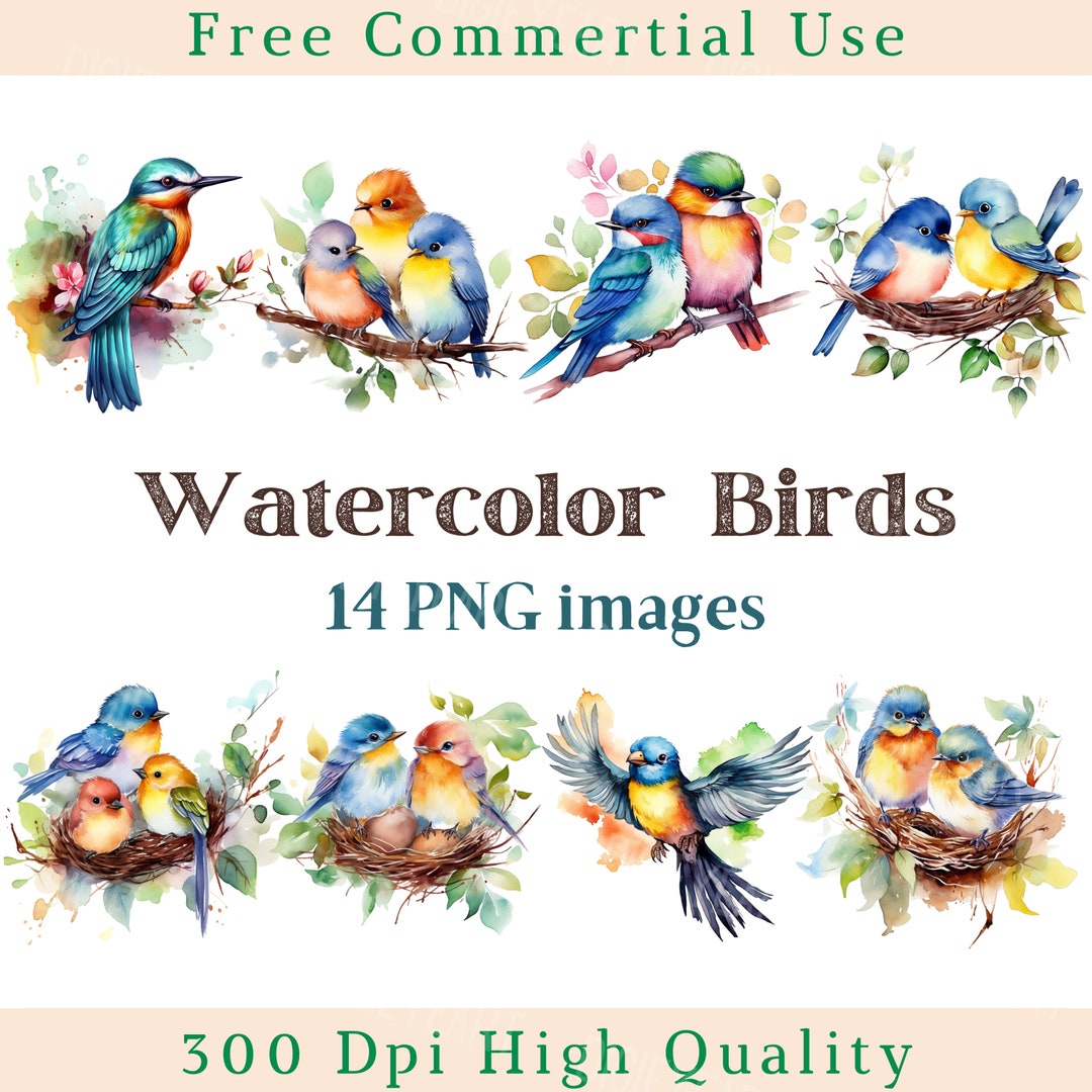 Watercolor Birds Clipart, Birds CU Clip Art Png, Digital Planner, Cute ...