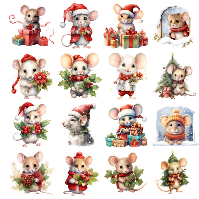 Christmas Mouse Clipart, Winter Mouse Clip Art, Cute Christmas Mices ...