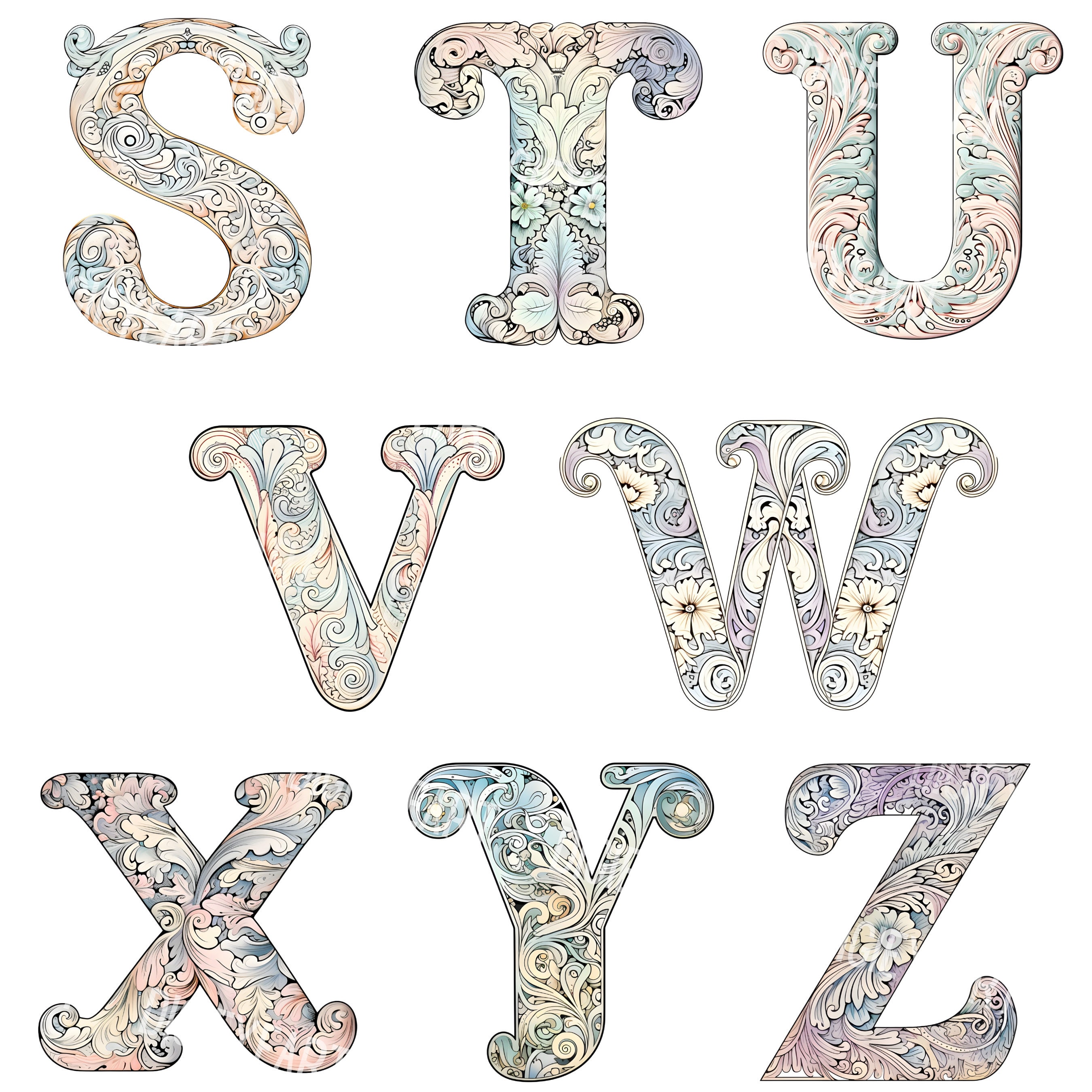 Pastel Rococo Alphabet Clipart Letters Clip Art Initials - Etsy Australia