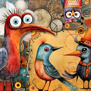 Whimsical Birds Clipart, Whimsical Sceens Paper Jpg, Mixed Media Quirky ...