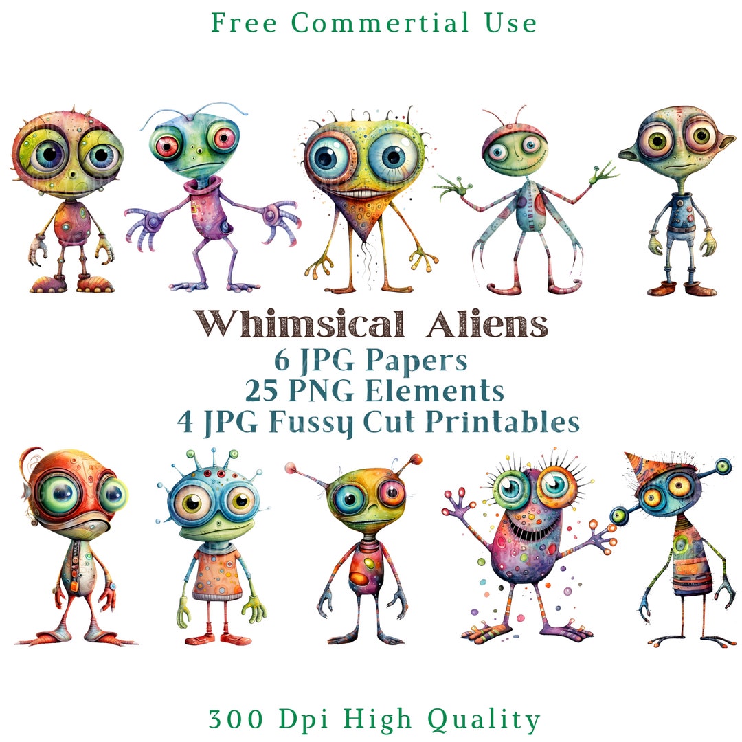 Whimsical Aliens Clipart, Mixed Media Quirky Alien CU Clip Art, Alien ...