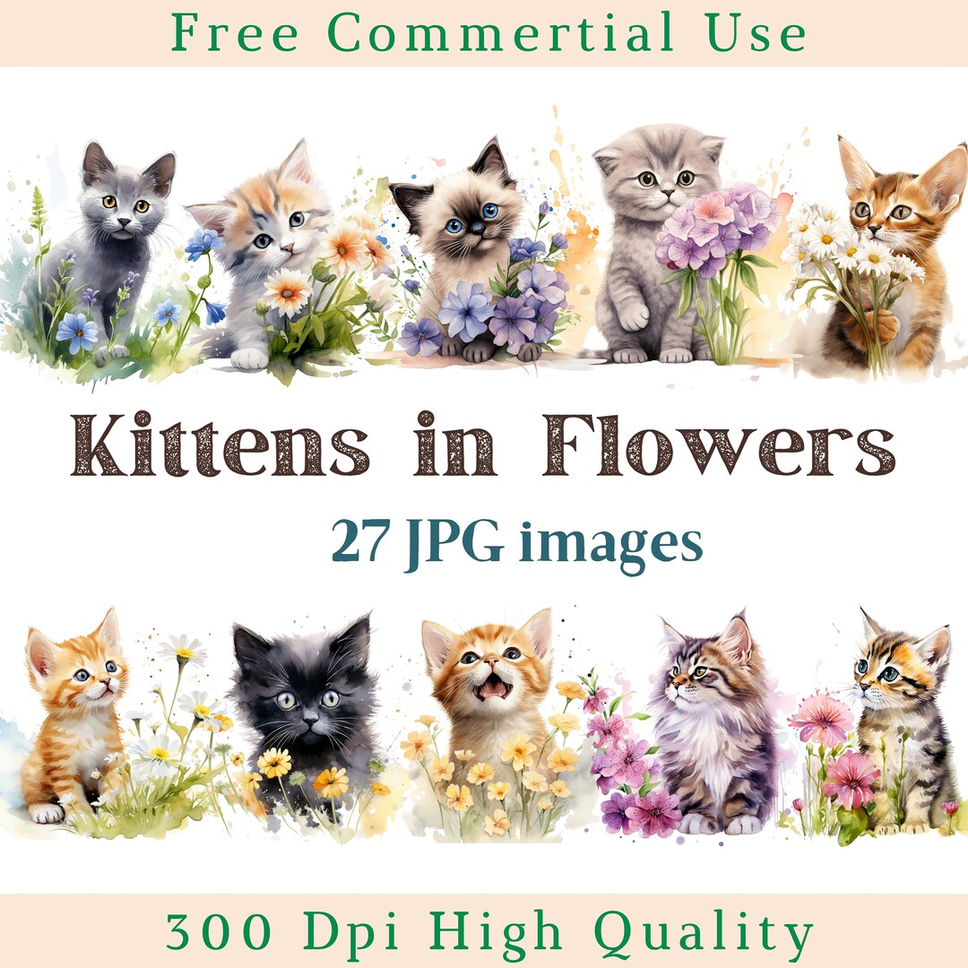Watercolor Kittens in Flowers Clipart, Cats Clip Art, Cat Jpg, Kitties ...