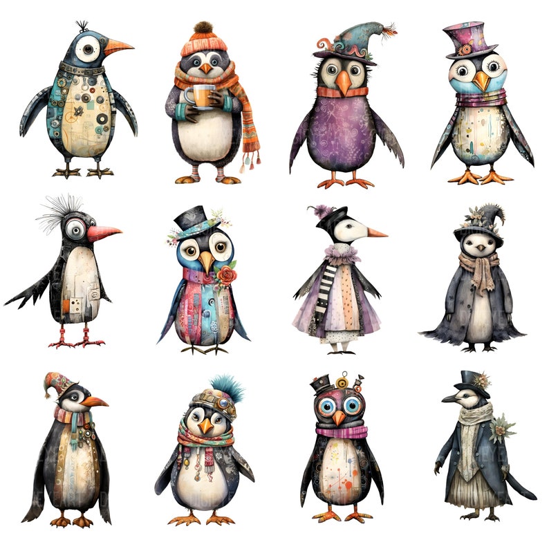 Whimsical Penguin Clipart, Quirky Penguin Bird Clip Art, Mixed Media ...