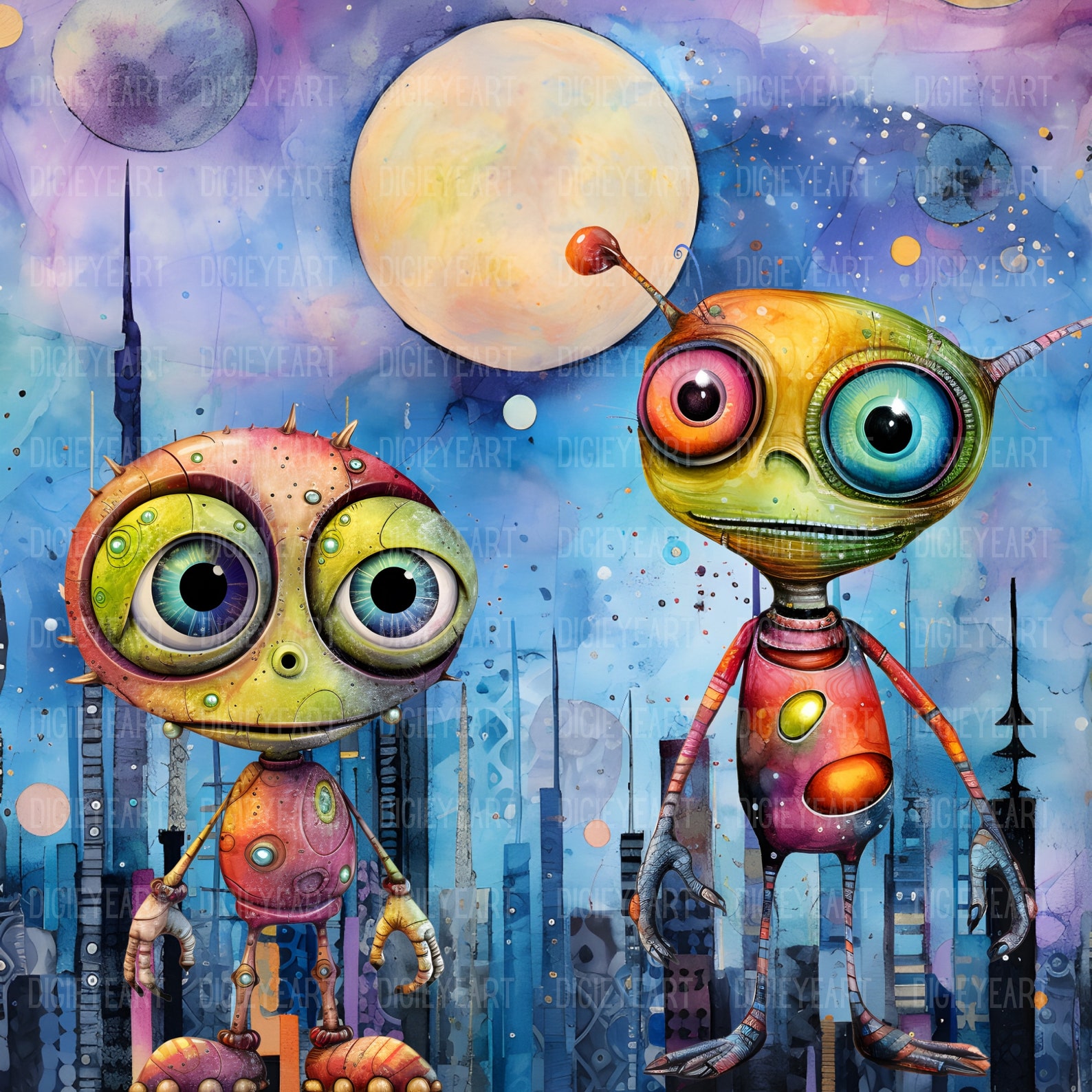 Whimsical Aliens Clipart, Mixed Media Quirky Alien CU Clip Art, Alien ...