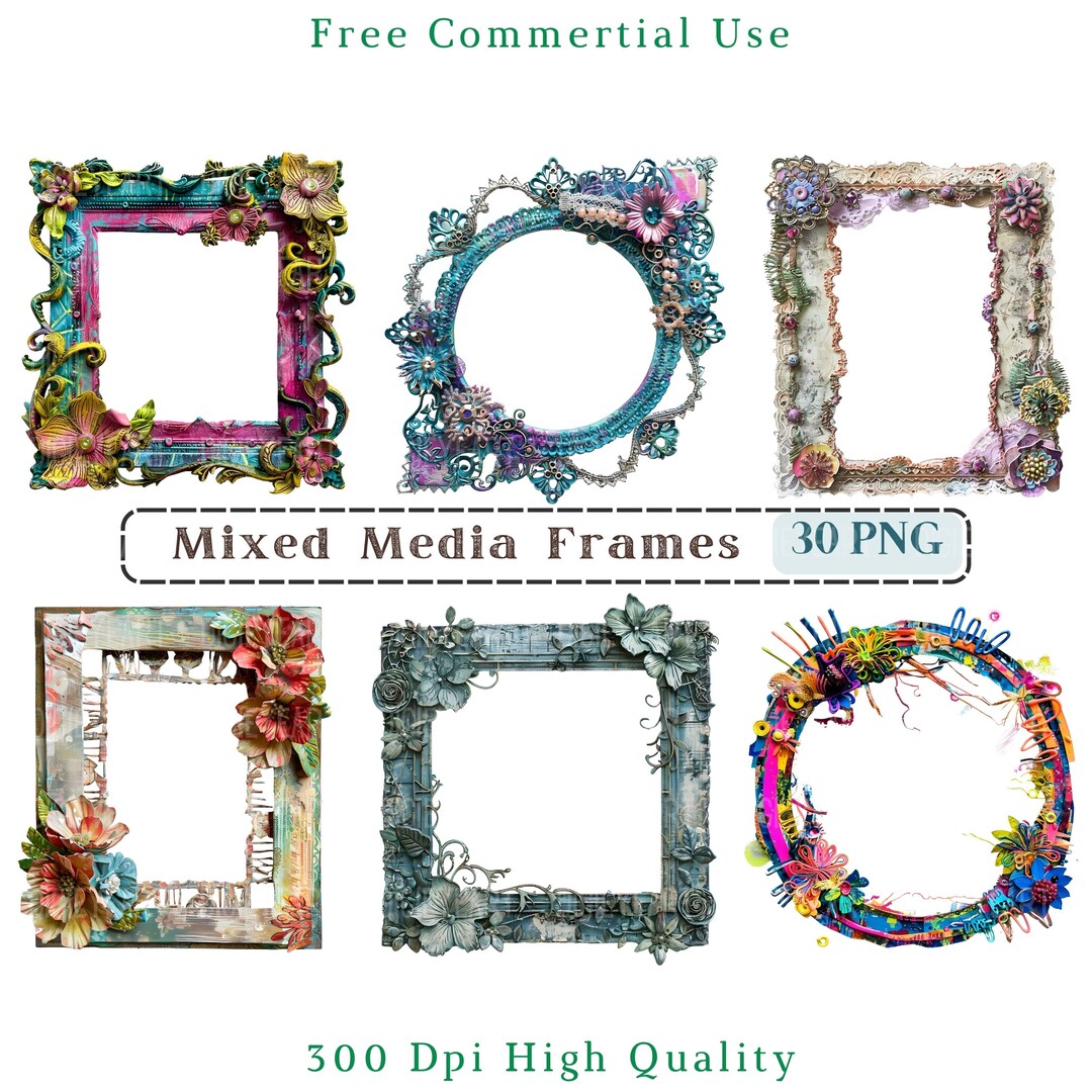 Whimsical Frames Clipart, Mixed Media Frame CU Clip Art, Junk Journal ...