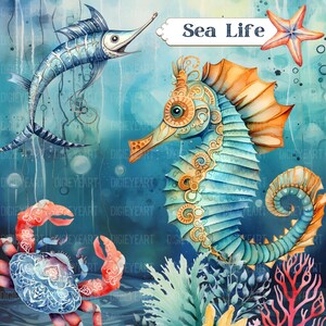 Whimsical Sea Animas Clipart, Mixed Media Fish CU Clip Art, Sea Animal ...