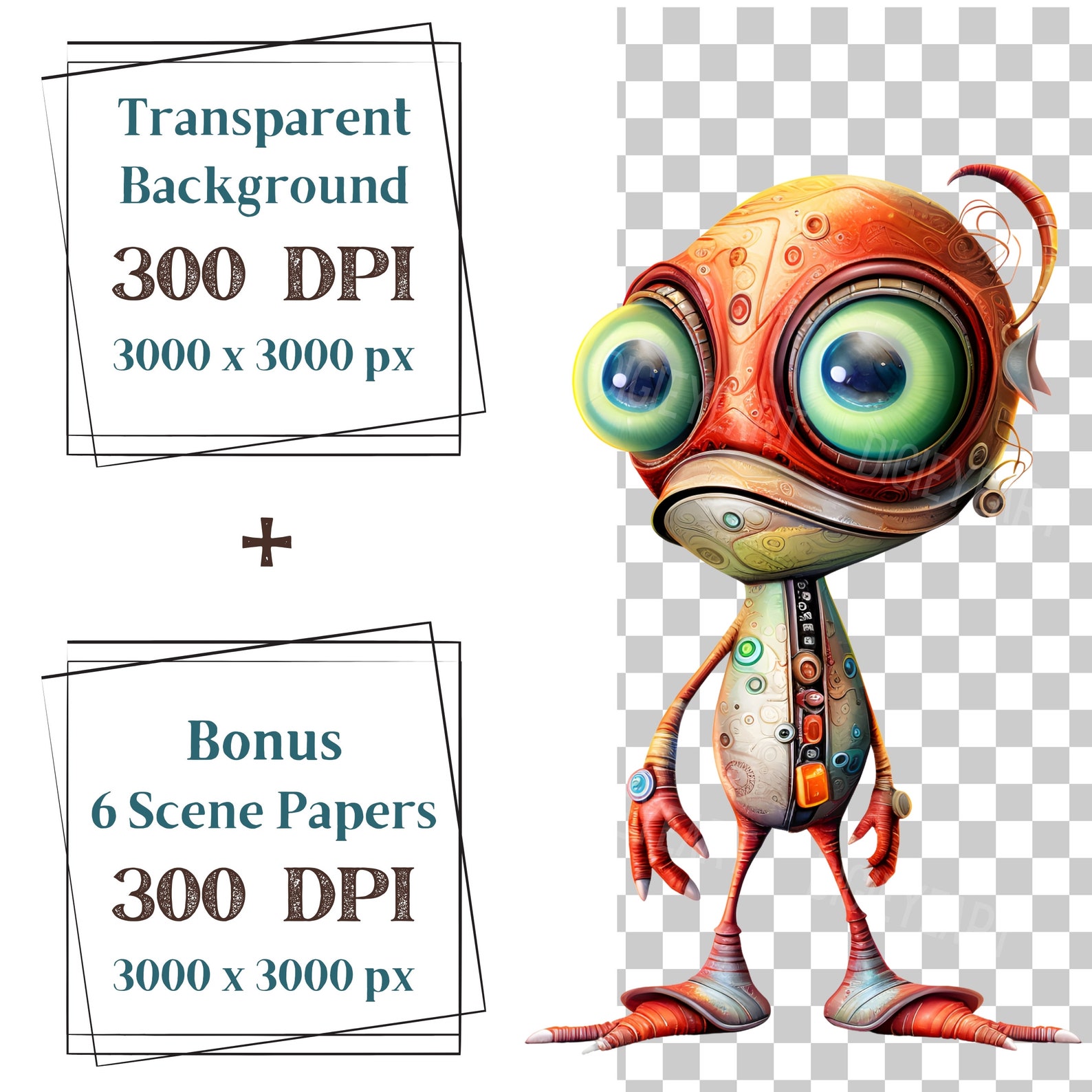 Whimsical Aliens Clipart, Mixed Media Quirky Alien CU Clip Art, Alien ...