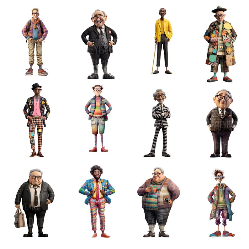 Whimsical Men Clipart, Mixed Media Quirky Man CU Clip Art, Old Man ...