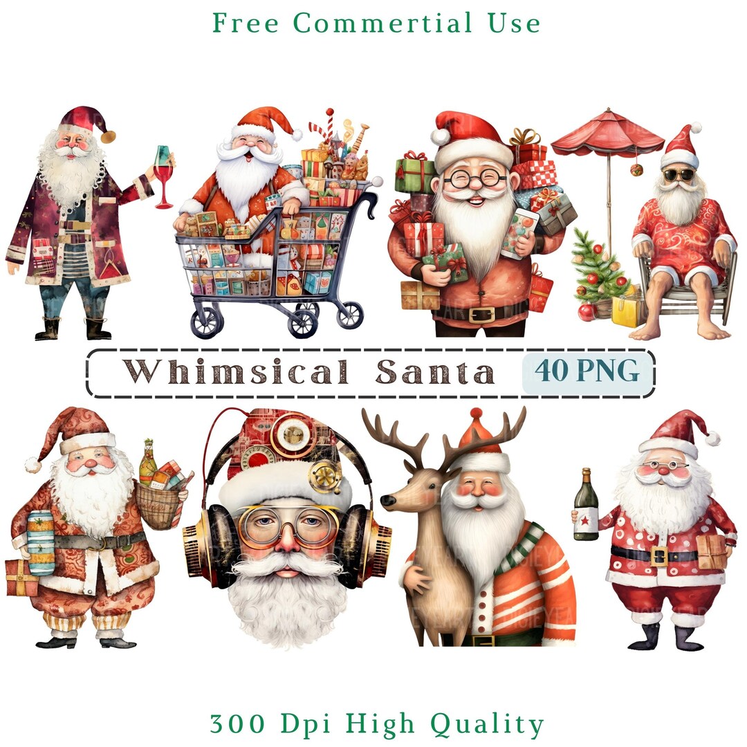 Whimsical Mixed Media Santa Clipart, Christmas Quirky Santa CU Clip Art ...