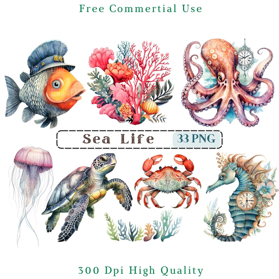 Whimsical Sea Animas Clipart, Mixed Media Fish CU Clip Art, Sea Animal ...