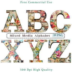 Mixed Media Alphabet Clipart, Letters CU Clip Art, Romantic Initials ...