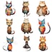 Whimsical Cats Clipart, Quirky Cat Clip Art, Mixed Media Cat PNG ...