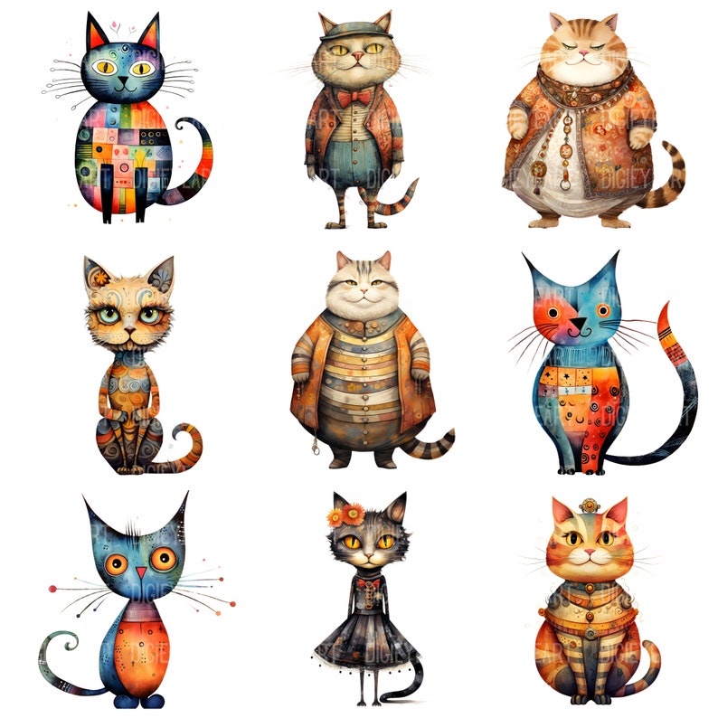 Whimsical Cats Clipart, Quirky Cat Clip Art, Mixed Media Cat PNG ...