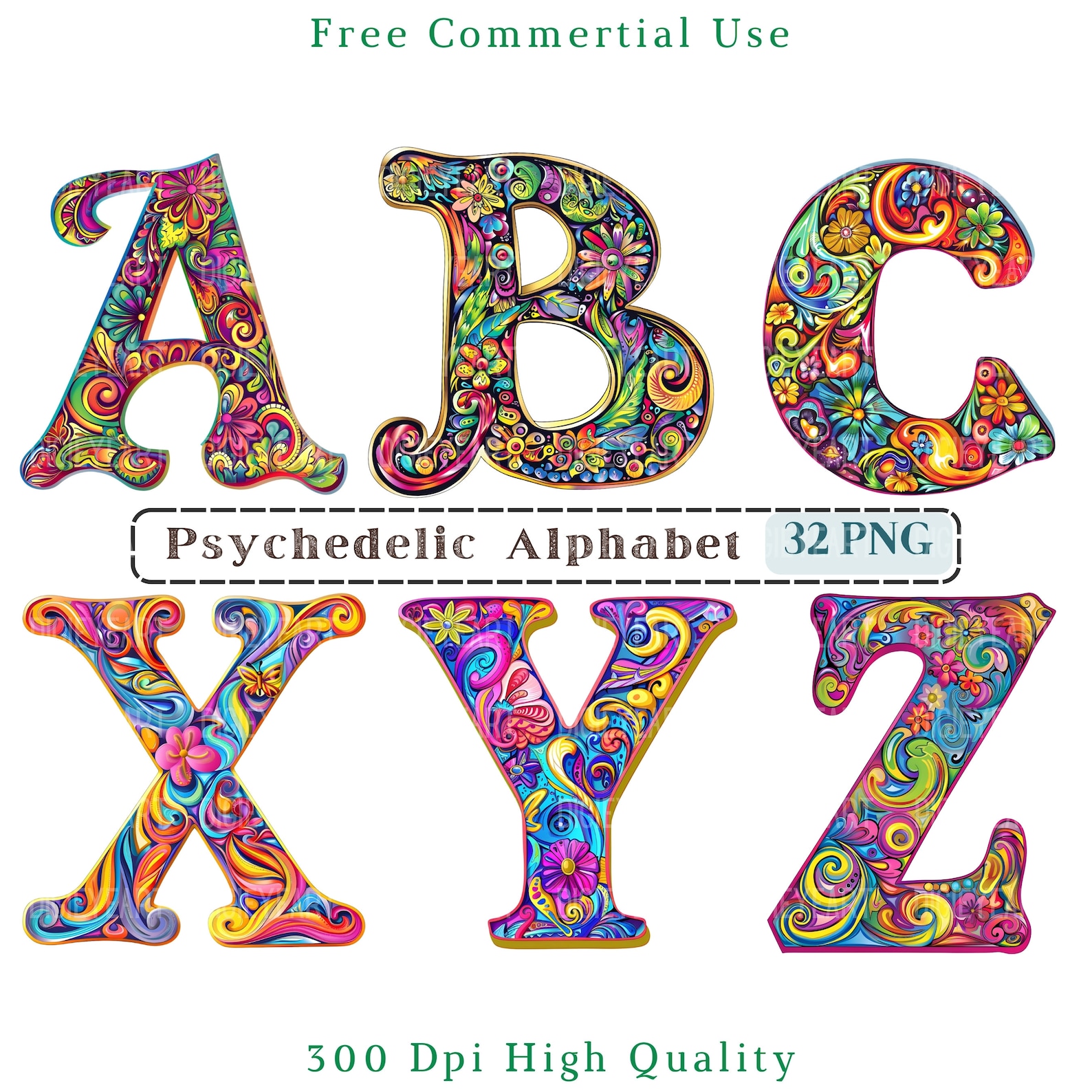 Psyhodelic Alphabet Clipart, Letters CU Clip Art, Vivid Initials PNG ...