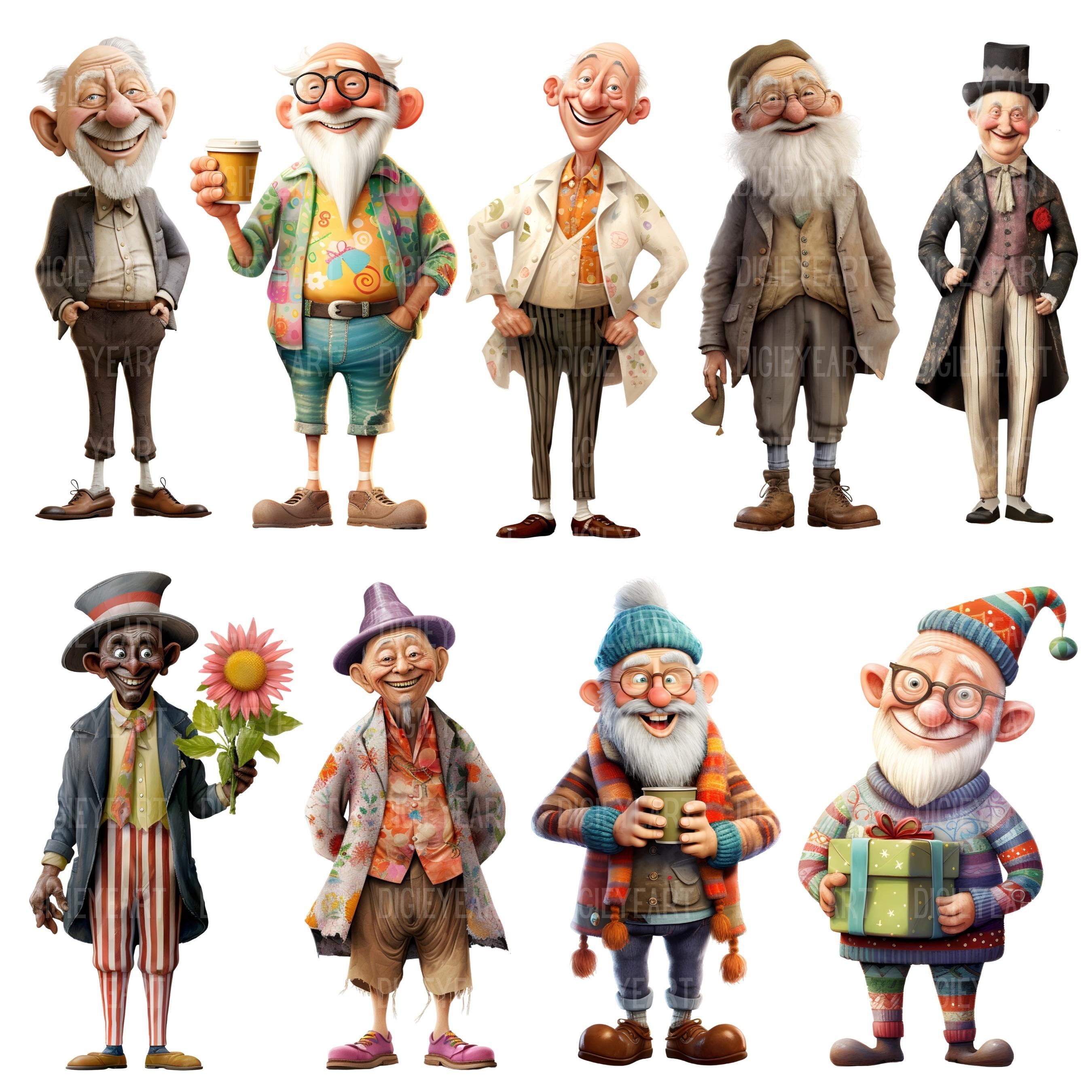 Whimsical Old Men Clipart, Mixed Media Quirky Old Man CU Clip Art, Man ...