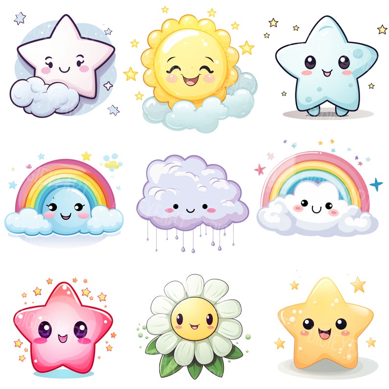 Kawaii Nature Clipart Kawaii Weather Clip Art Sun & Clouds - Etsy